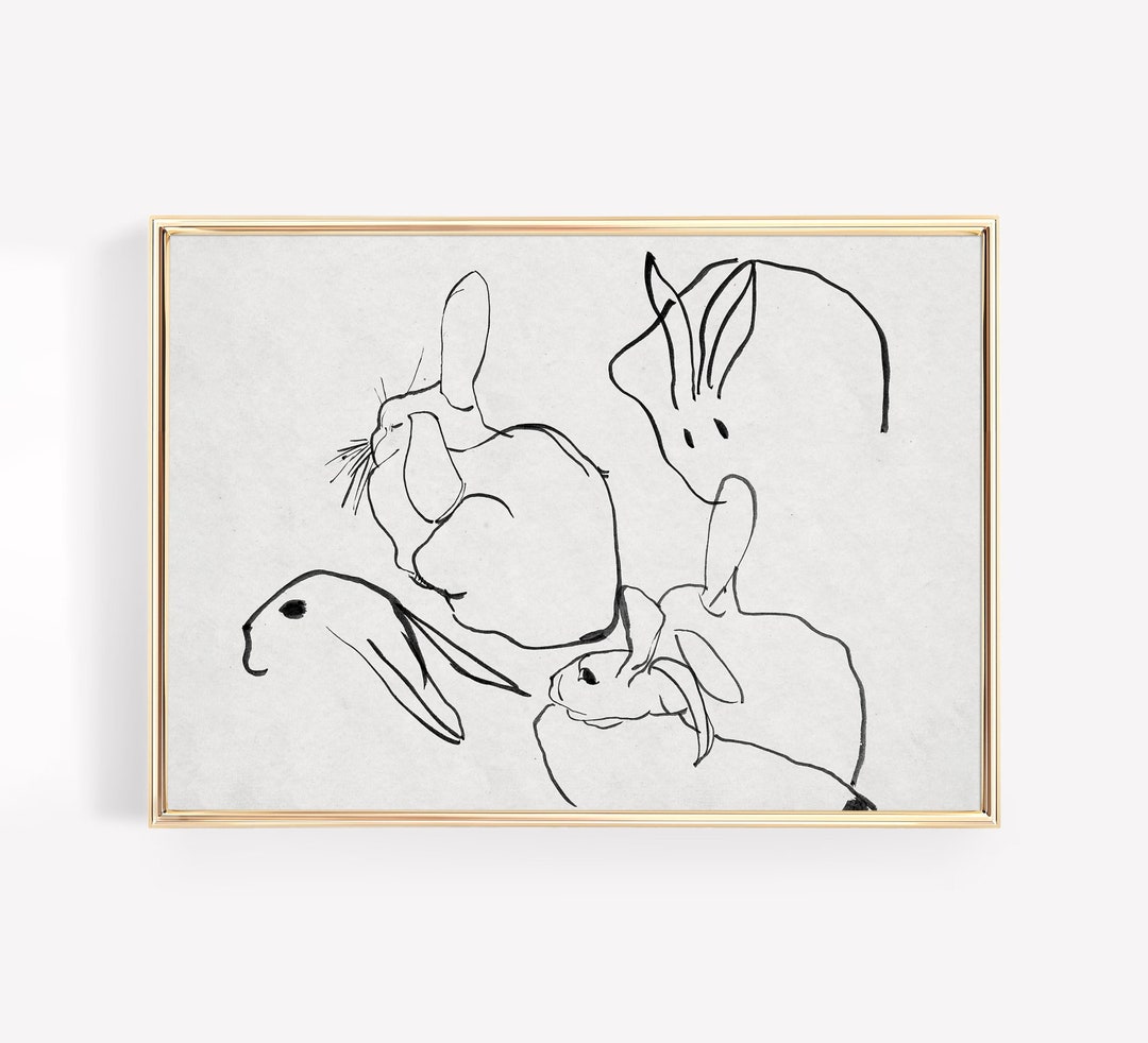 Rabbits Line Art Sketch Wall Art Vintage Animal Drawing Pencil Canvas ...