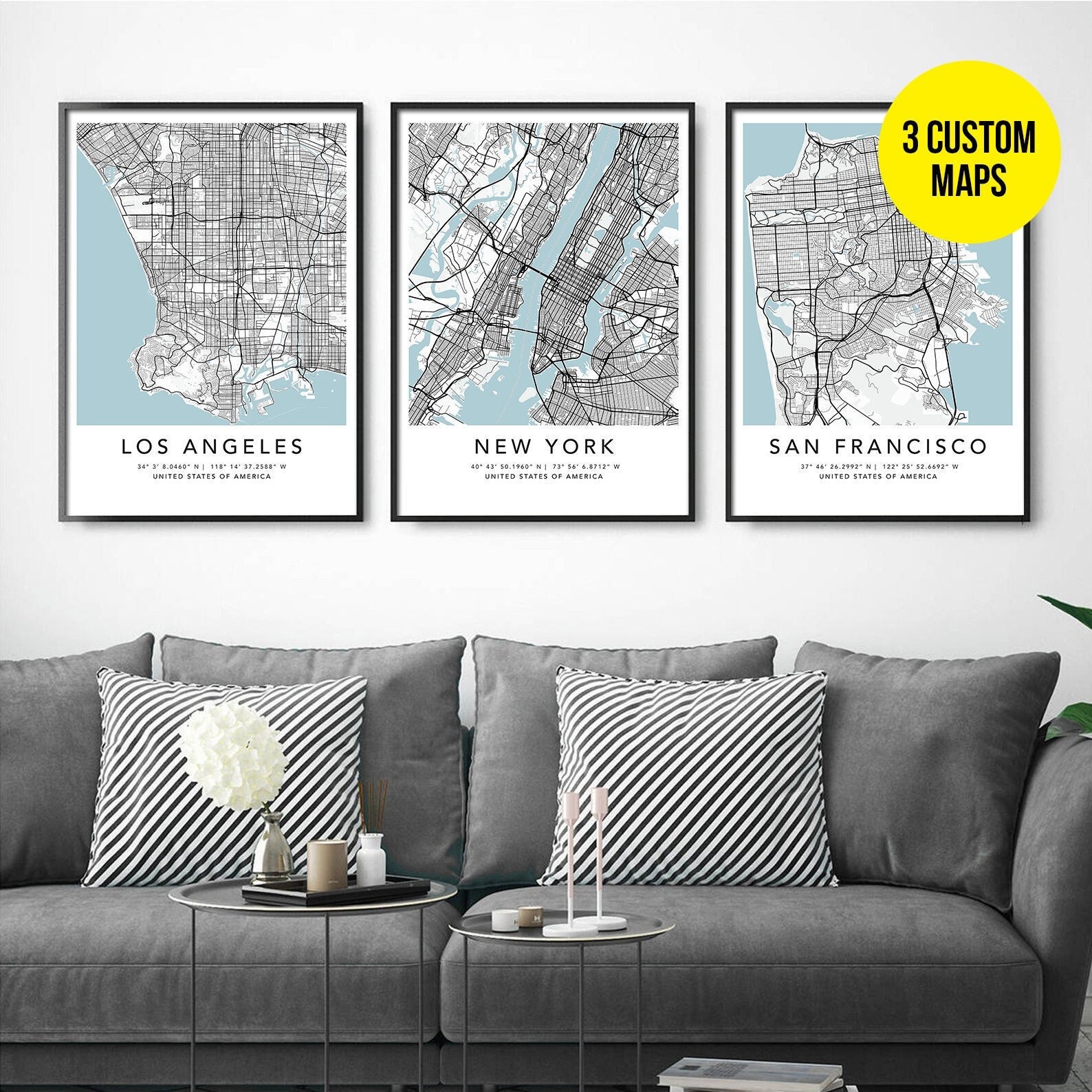 Personalized Set of 3 Any City Map Prints Custom Locations Home Town ...