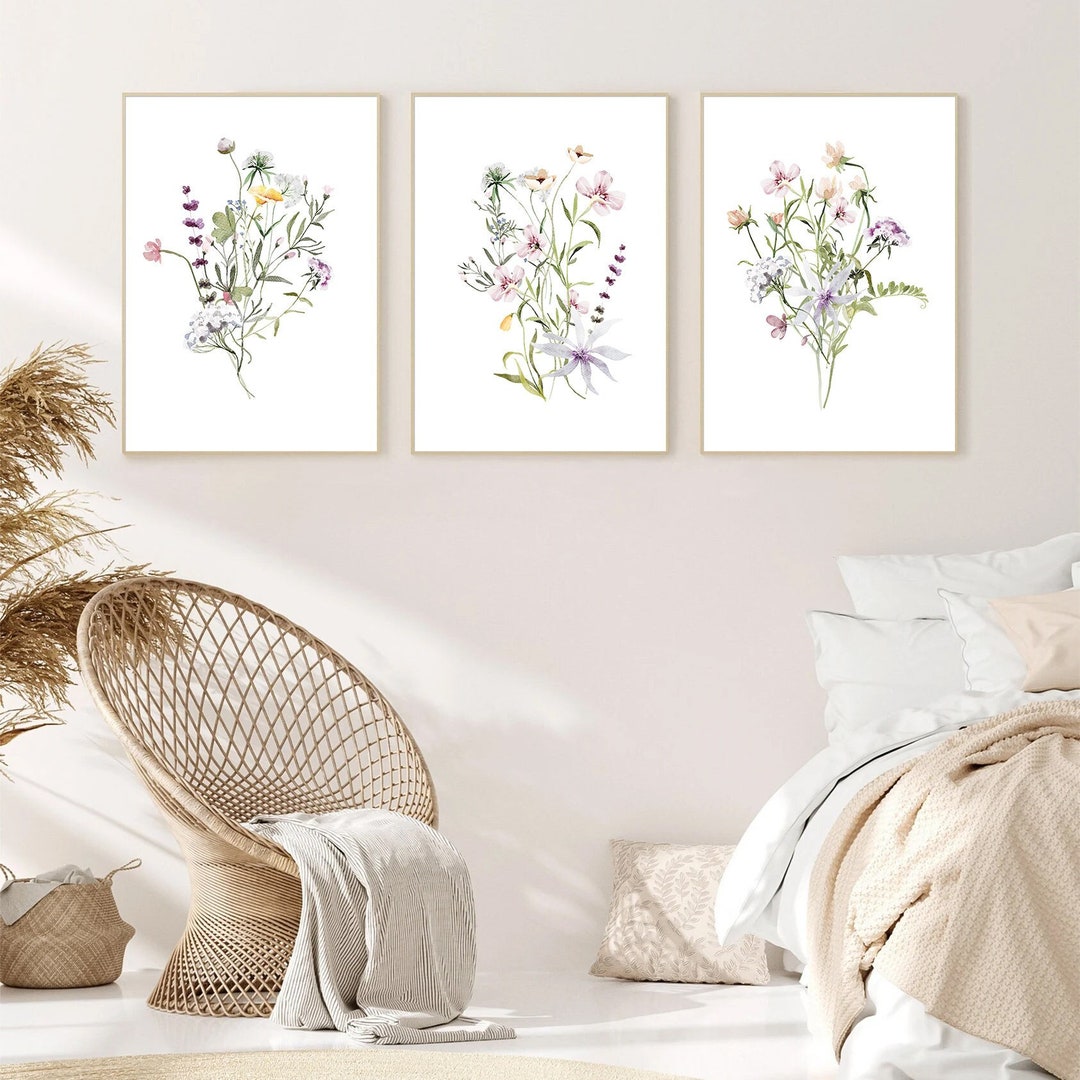 Boho Flowers Set of 3 Prints Botanical Watercolor Posters Soft Gallery ...