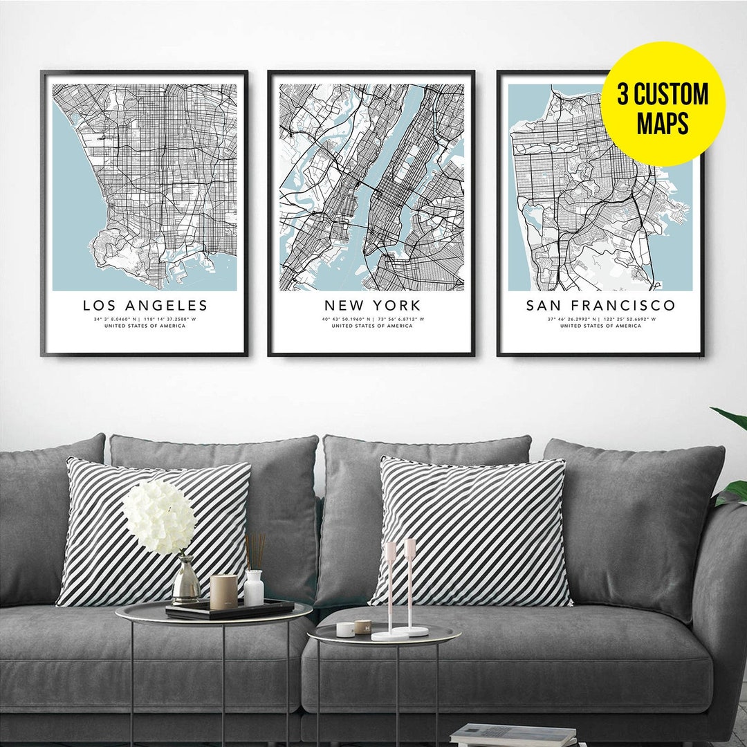 Personalized Set of 3 Any City Map Prints Custom Locations - Etsy