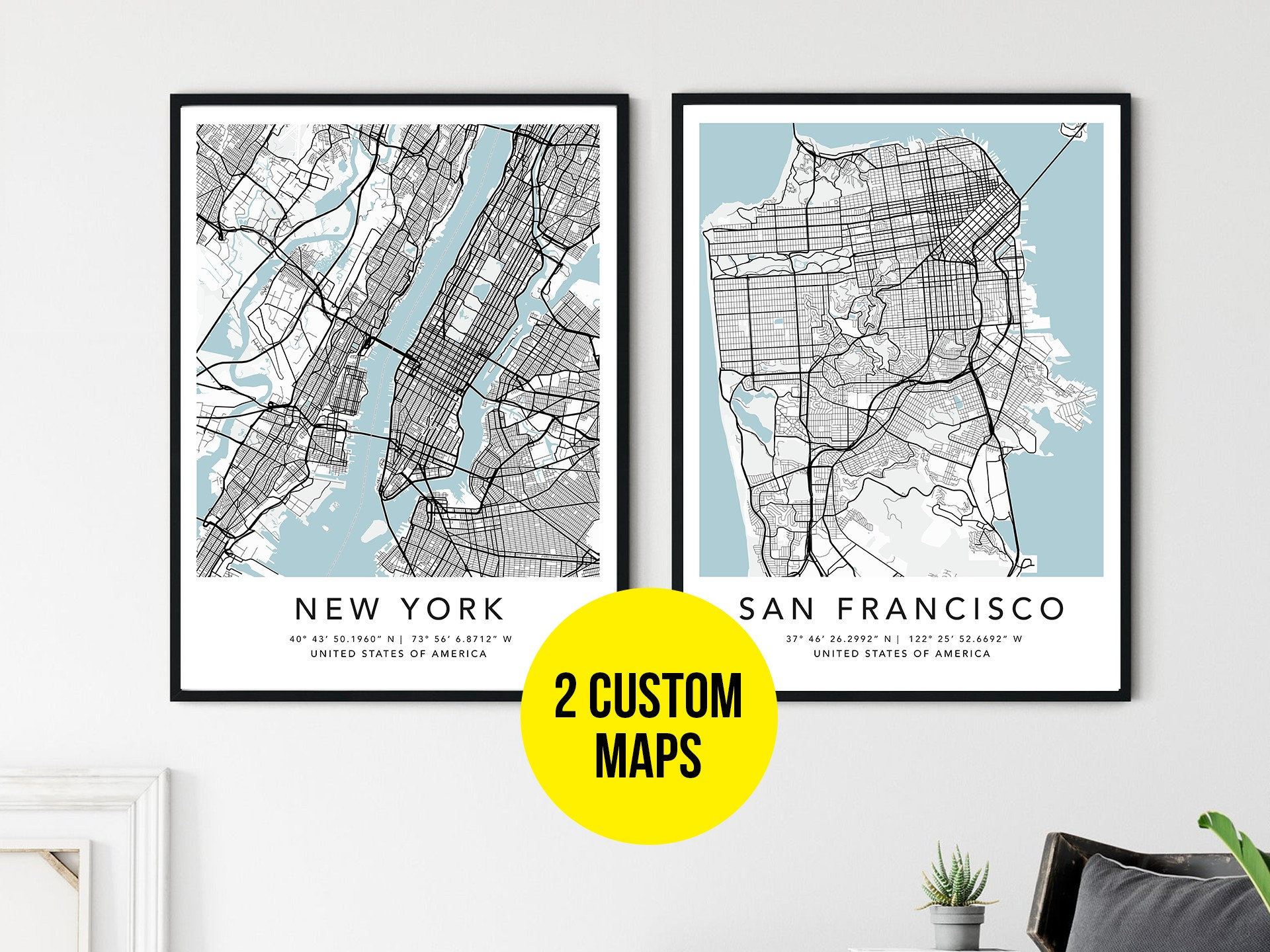 Personalized Set of 2 Any City Map Prints Custom Locations Home Town ...