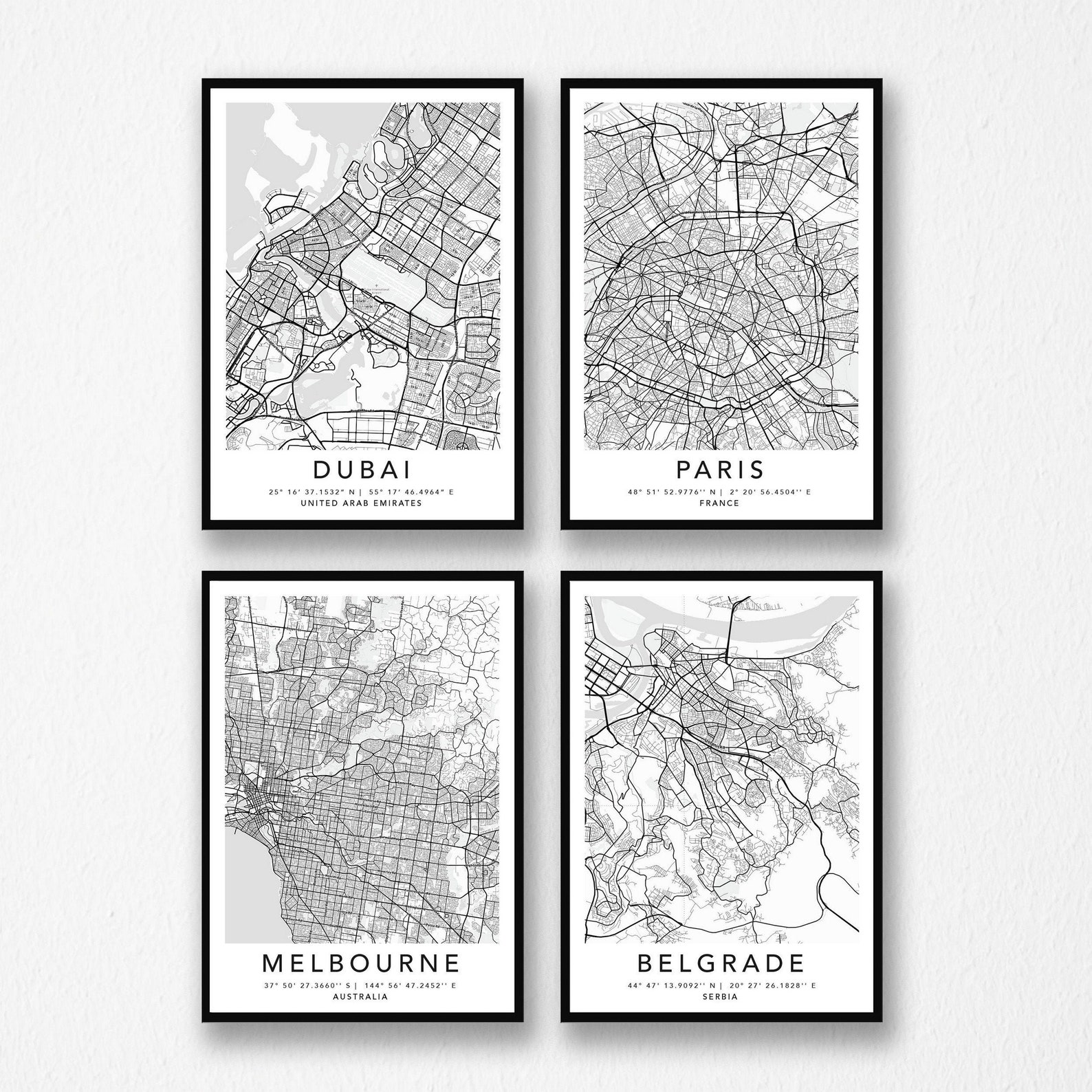 Personalized Set of 4 Any City Map Prints Custom Locations | Etsy