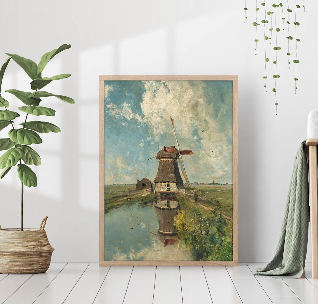 Vintage Windmill Oil Painting Print Summer European Landscape Canvas ...
