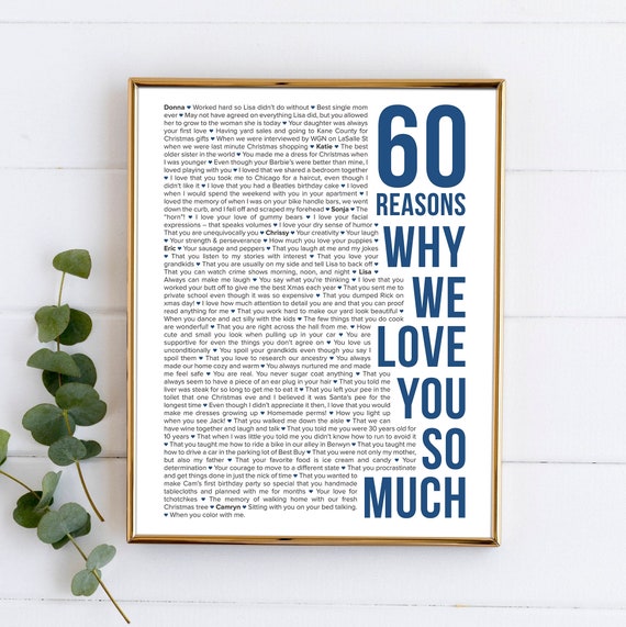 60 Reasons Why We Love You Poster Frame Personalized 60th - Etsy