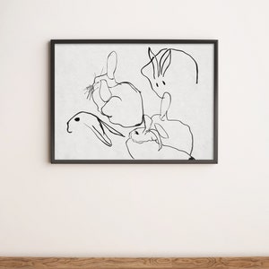 Rabbits Line Art Sketch Wall Art Vintage Animal Drawing Pencil Canvas ...