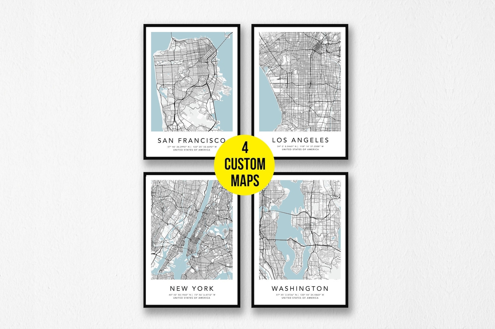 Custom Map Set of 4 Any City Map Prints Custom Locations Home - Etsy