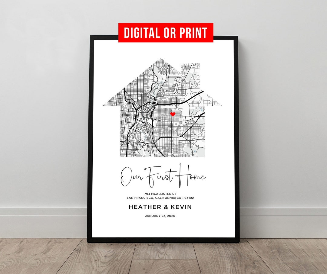 First New Home Gift for Couple House Shaped Map Poster Custom City Map ...