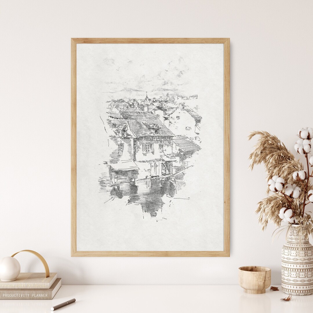 Vintage Architecture Sketch Pencil Graphite Building Drawing Print ...