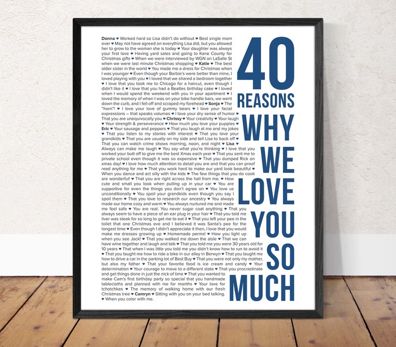 40 Reasons Why We Love You Poster Frame Personalized 40th Birthday Gift ...