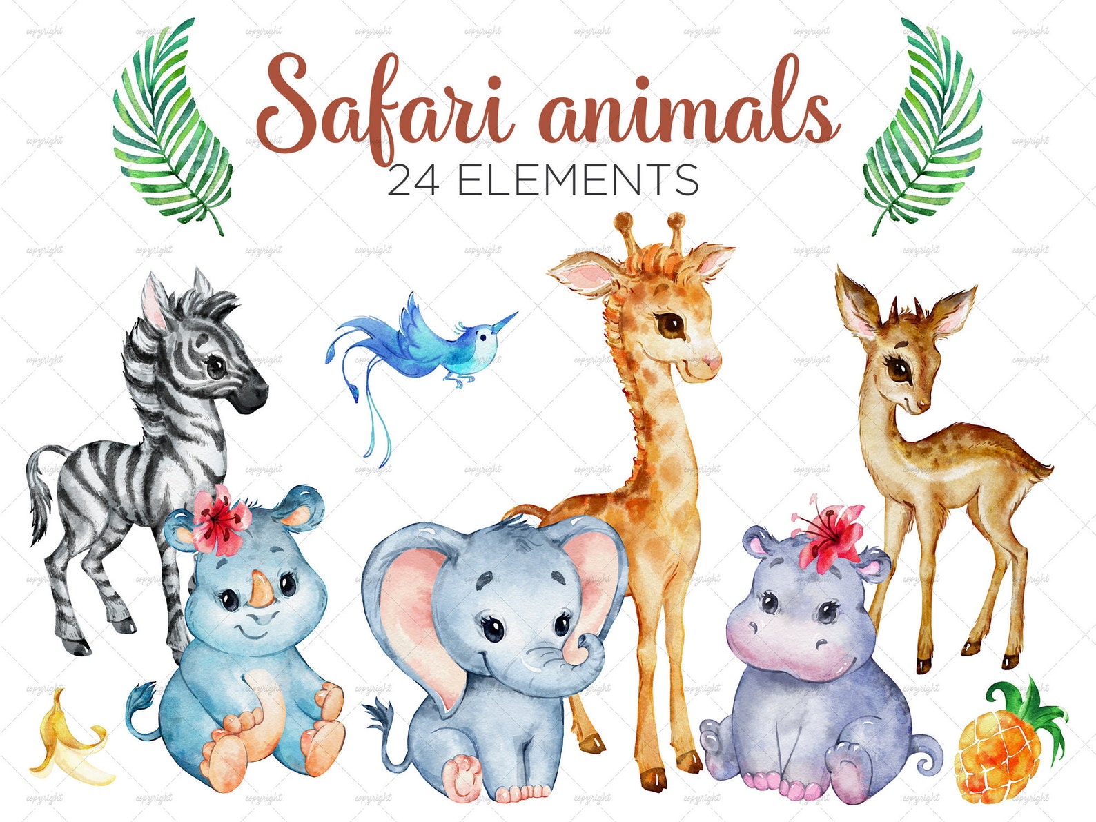 Safari Cute Baby Animals Clipart Watercolor Jungle Woodland | Etsy