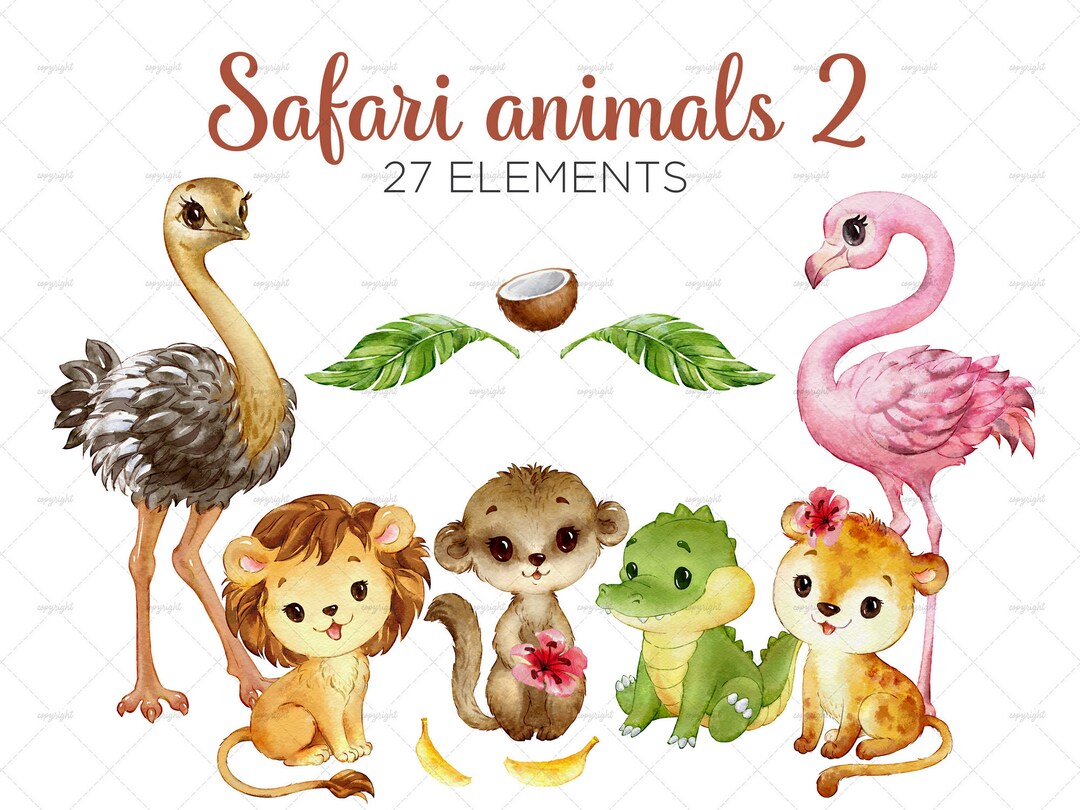 Safari Cute Baby Animals Clipart Watercolor Jungle Woodland Clip Art ...