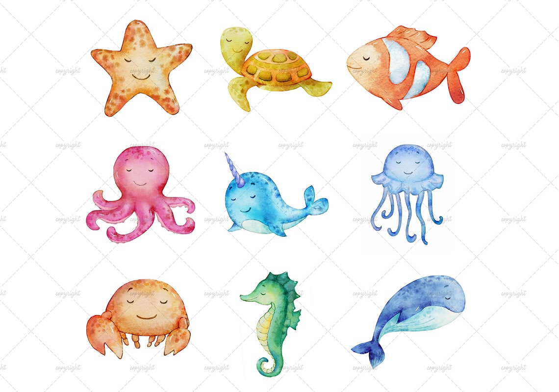 Sea Animals Clipart for Kids Watercolor PNG Clip Art Underwater Clipart ...