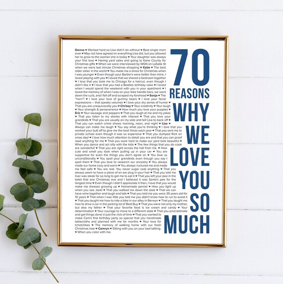 70 Reasons Why We Love You Poster Frame Personalized 70th - Etsy