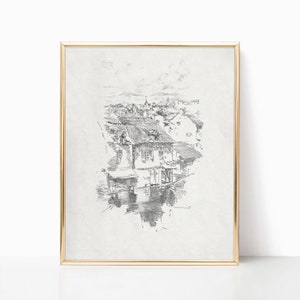 Vintage Architecture Sketch Pencil Graphite Building Drawing Print ...
