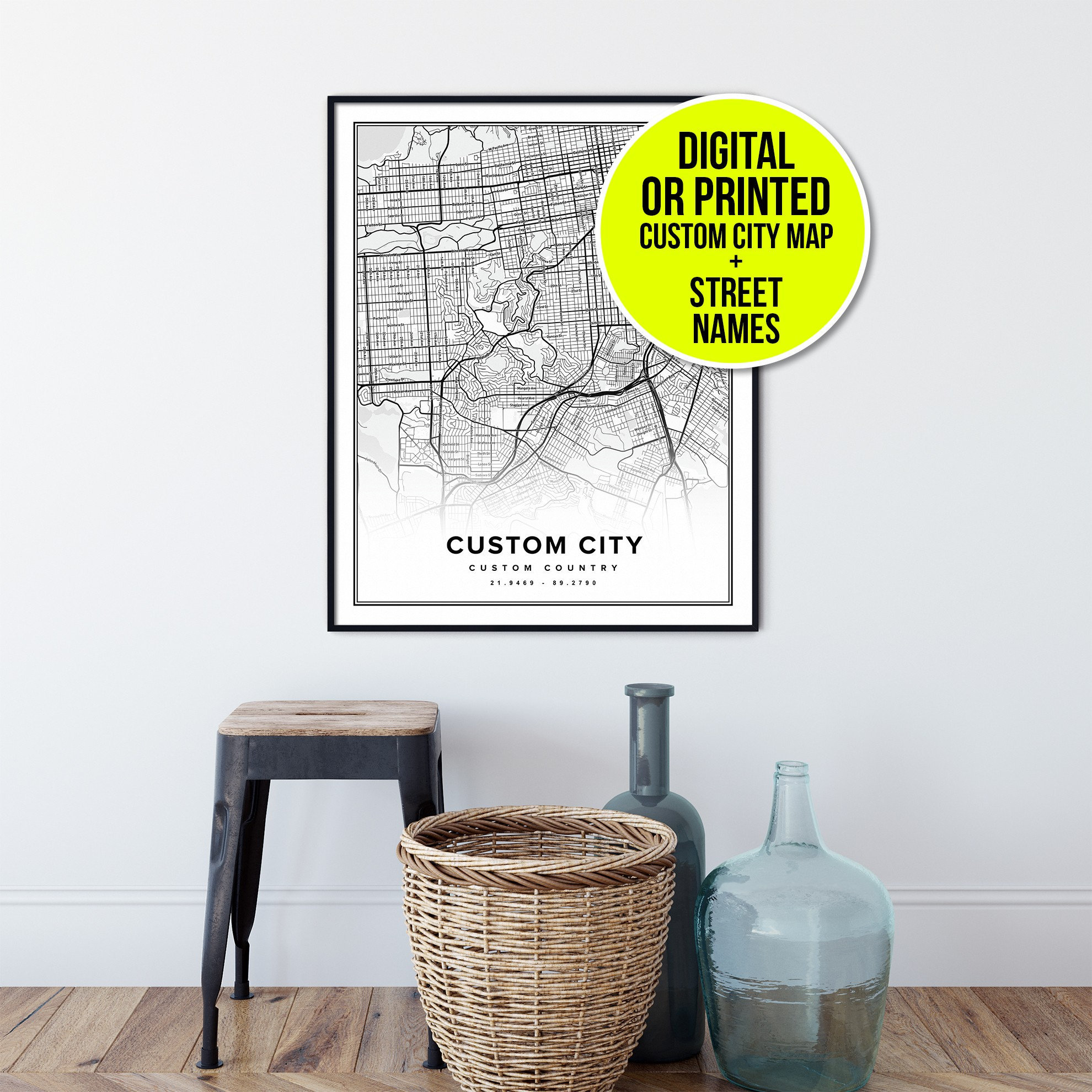 Custom City Map With Street Names Hometown Poster Wall Art - Etsy Australia