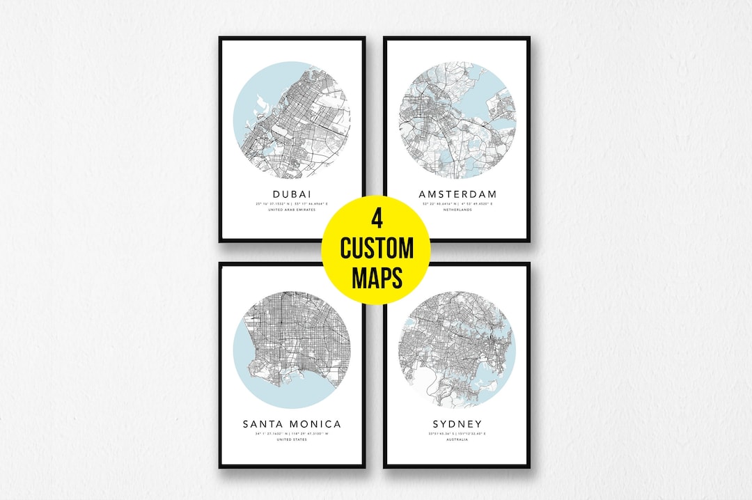 Personalized Set of 4 Any City Map Prints Custom Locations Home Town ...
