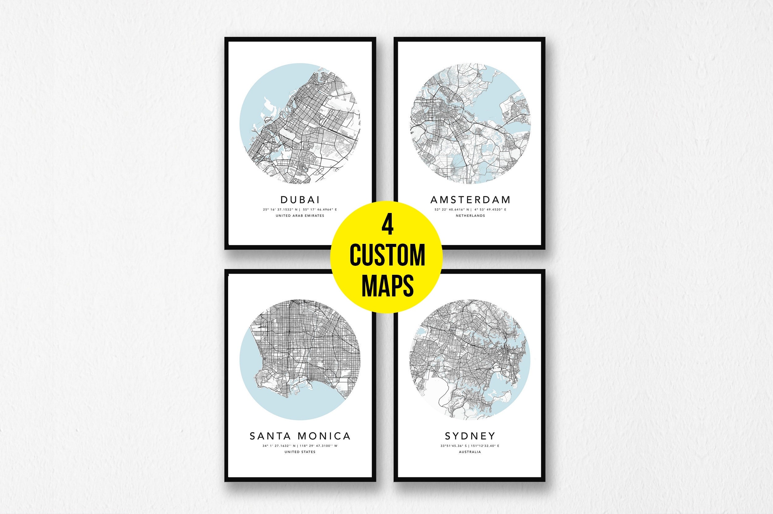 Personalized Set of 4 Any City Map Prints Custom Locations | Etsy