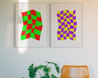 Checkered Wavy Retro Digital Art Print Neon Printable Wall - Etsy