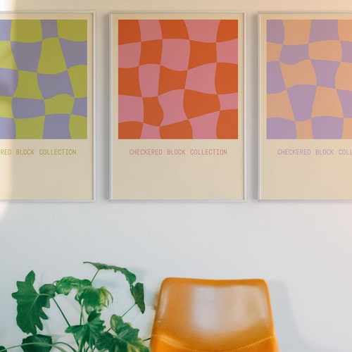 Checkered Wavy Retro Digital Art Print Colorful Printable - Etsy