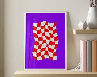 Checkered Wavy Retro Digital Art Print Neon Printable Wall - Etsy