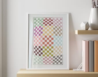 Funky Checkered Wavy Retro Digital Art Print, Green and Blue Trendy ...