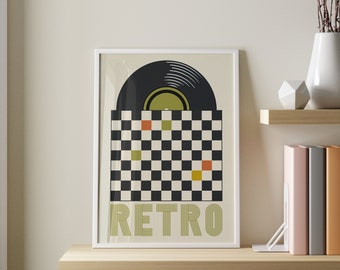 Funky Checkered Wavy Retro Digital Art Print, Green and Blue Trendy ...