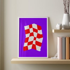 Checkered Wavy Retro Digital Art Print, Neon Printable Wall Art Trendy ...