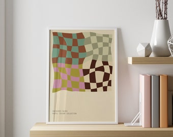 Funky Checkered Wavy Retro Digital Art Print, Black and White Trendy ...