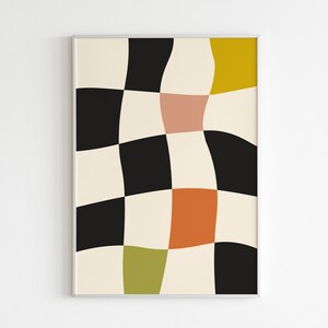 Funky Checkered Wavy Retro Set Digital Art Print, Cream - Beige ...