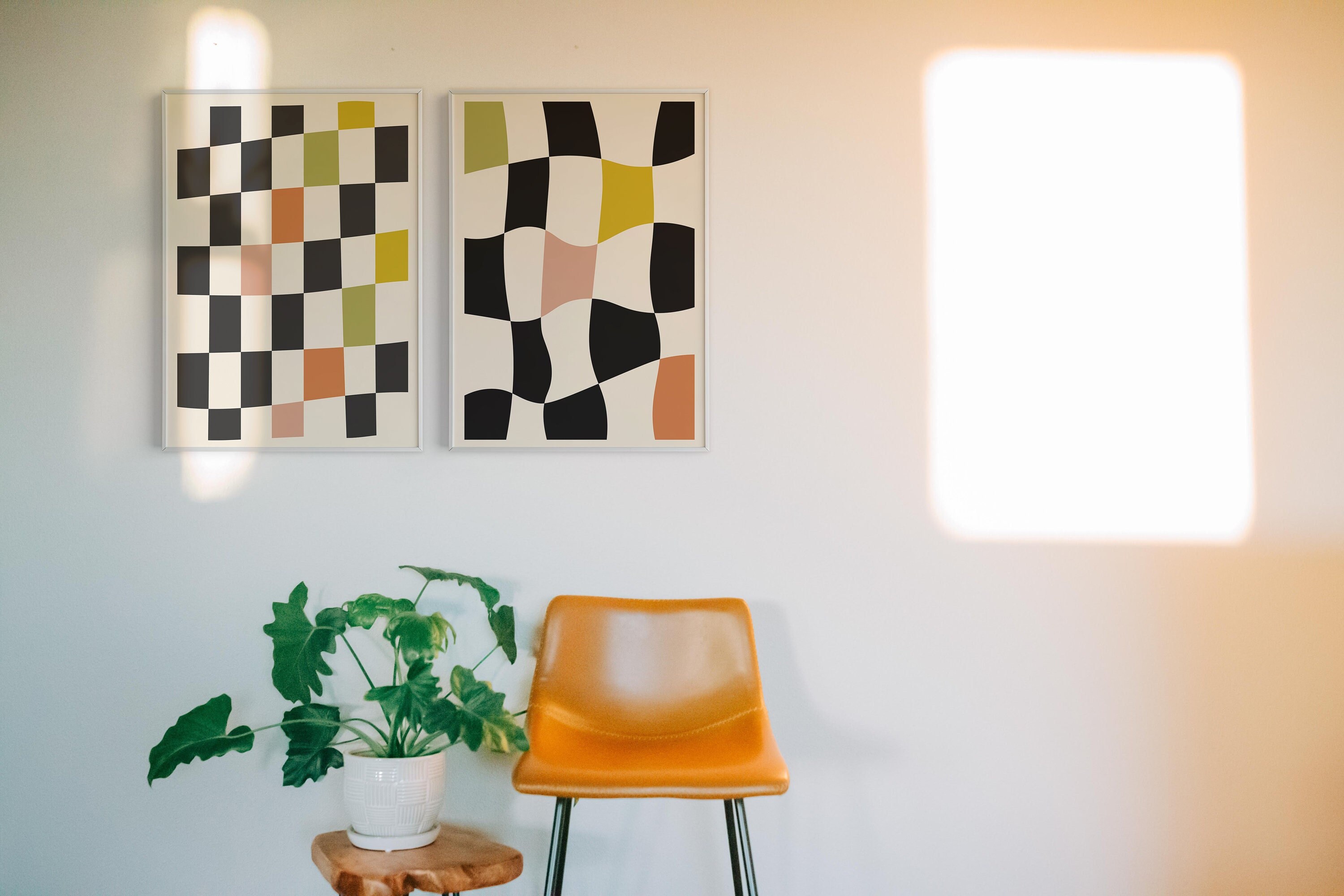 Funky Checkered Wavy Retro Set Digital Art Print Cream and | Etsy