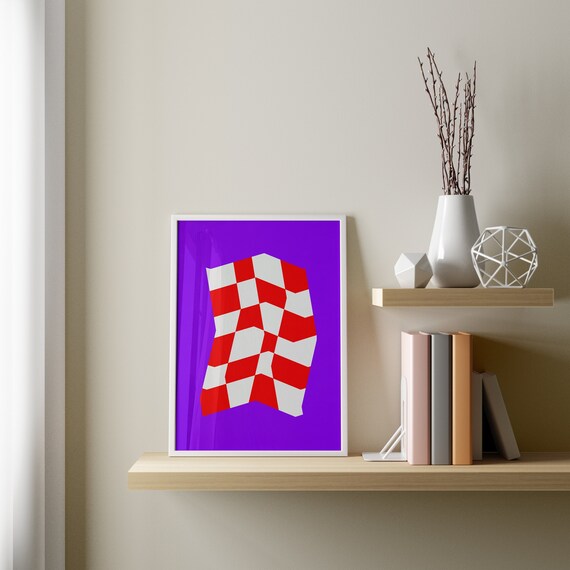 Checkered Wavy Retro Digital Art Print Neon Printable Wall | Etsy