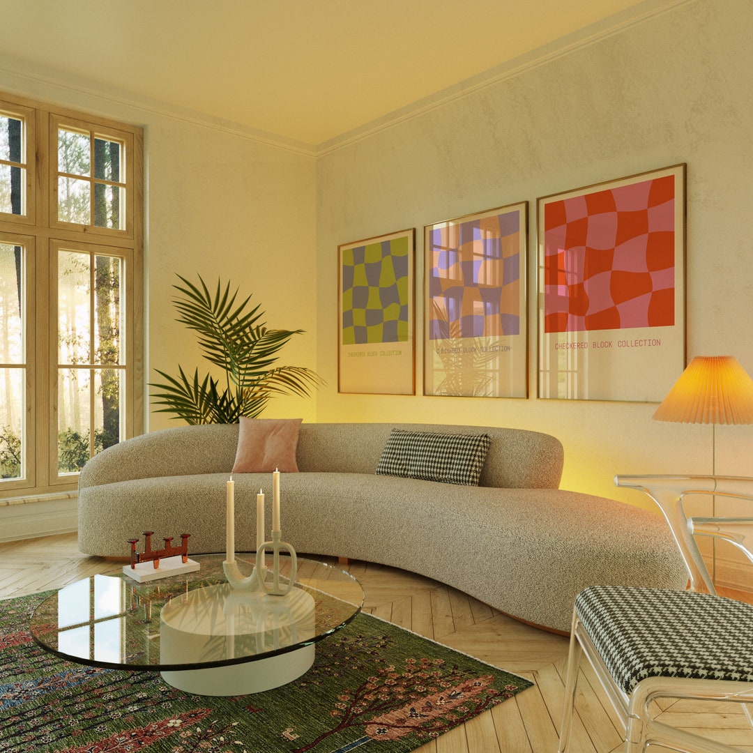Funky Checkered Retro Art Print: Colorful Wavy Squares (digital ...