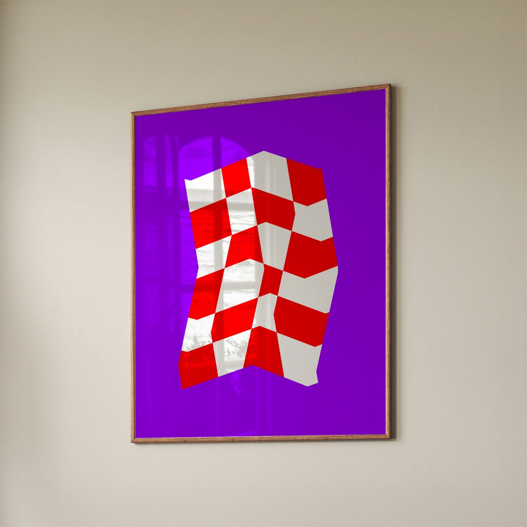 Checkered Wavy Retro Digital Art Print, Neon Printable Wall Art Trendy ...