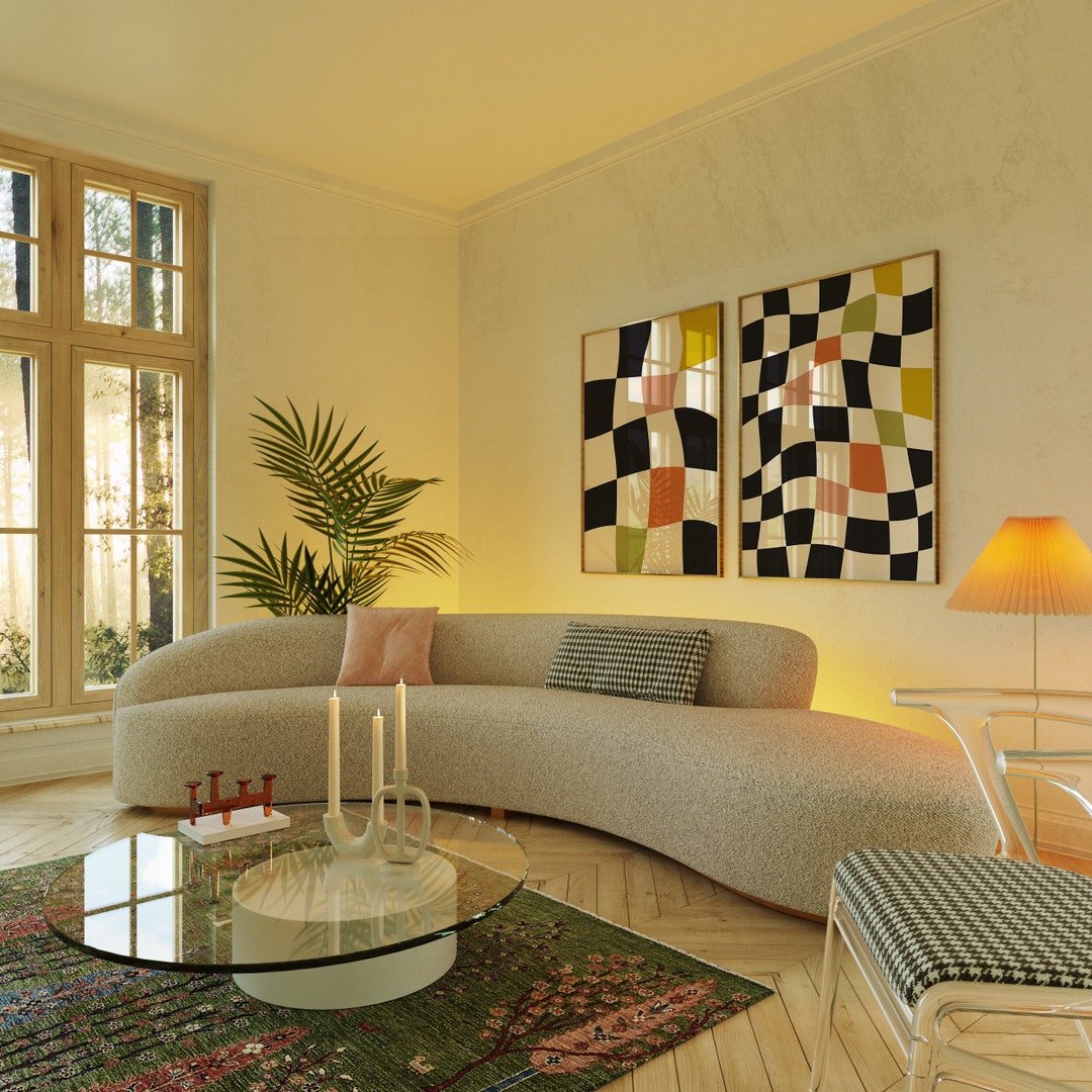 Funky Checkered Wavy Retro Set Digital Art Print, Cream Beige Printable ...