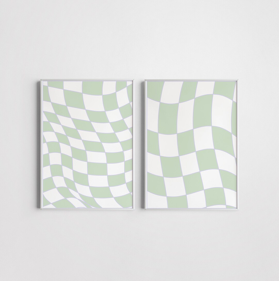 Checkered Wavy Set Retro Digital Art Print, Purple and Green Printable ...