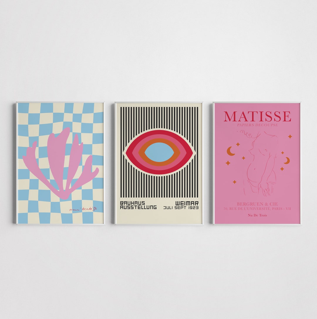 Trendy Retro Pink Wall Art Set of 3 Retro Checkered Decor - Etsy