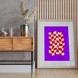 Checkered Wavy Retro Digital Art Print, Neon Printable Wall Art Trendy ...