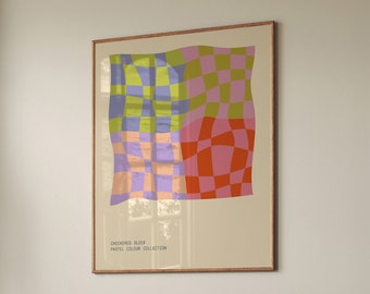 Funky Checkered Wavy Retro Digital Art Print, Black and White Trendy ...