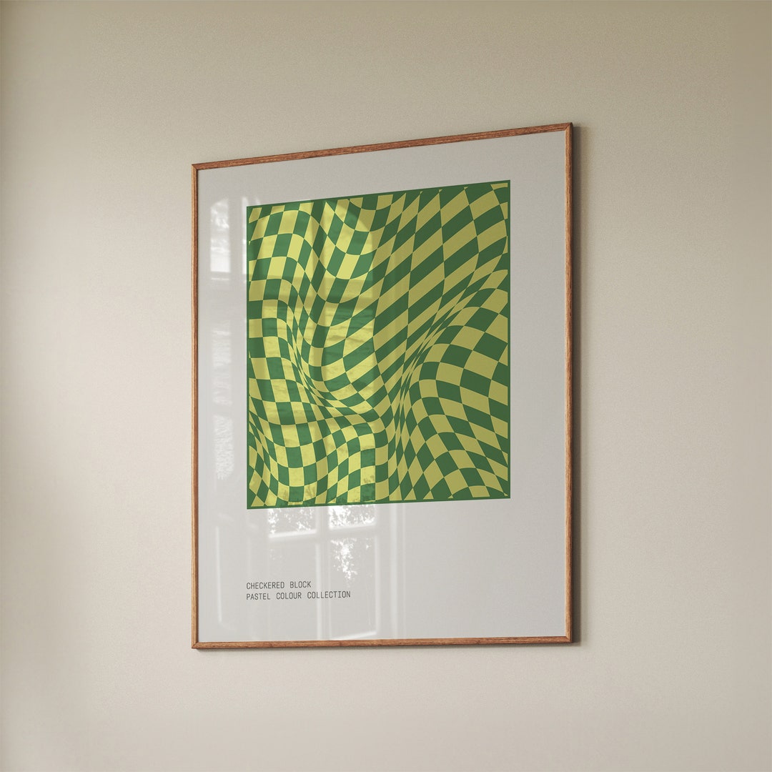 Checkered Wavy Retro Digital Art Print, Green Printable Wall Art Trendy ...