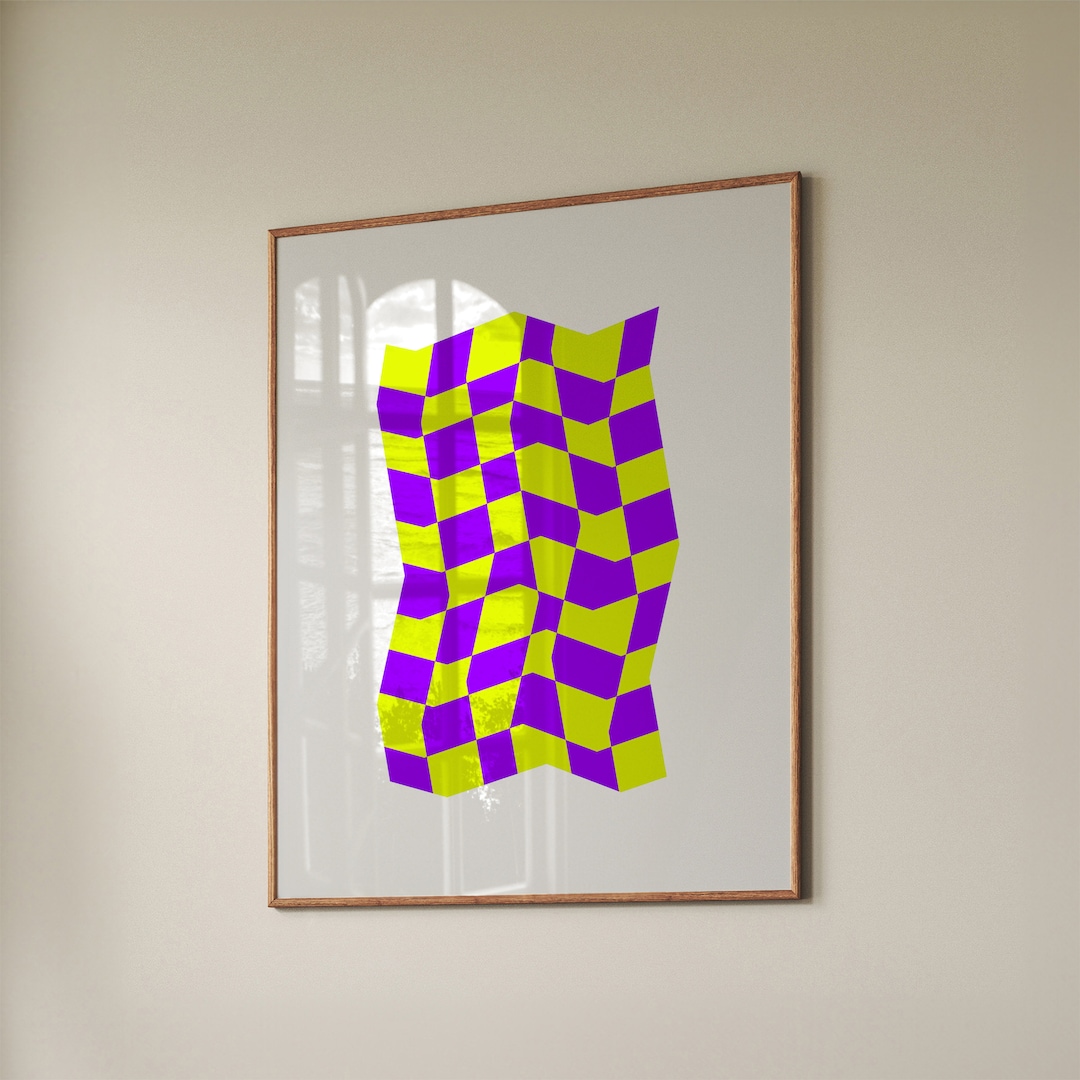Neon Checkered Print, Funky Checkered Printable Poster, Checkered Wavy ...