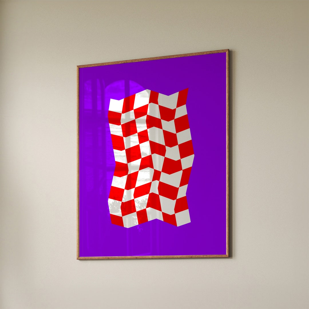 Checkered Wavy Retro Digital Art Print, Neon Printable Wall Art Trendy ...