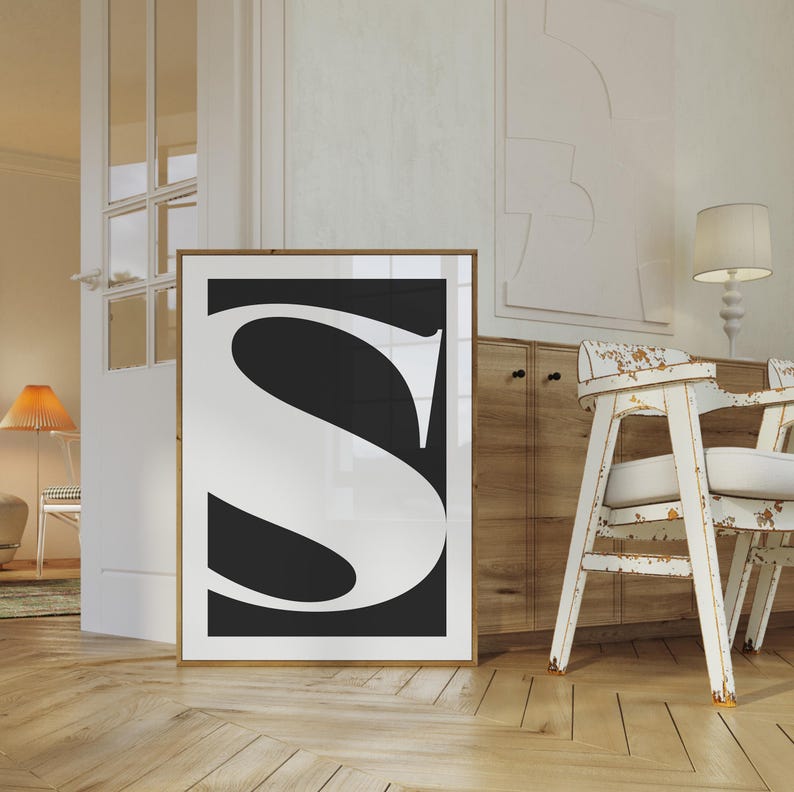 Letter S Print: Black and White Scandinavian Initial Poster (digital ...