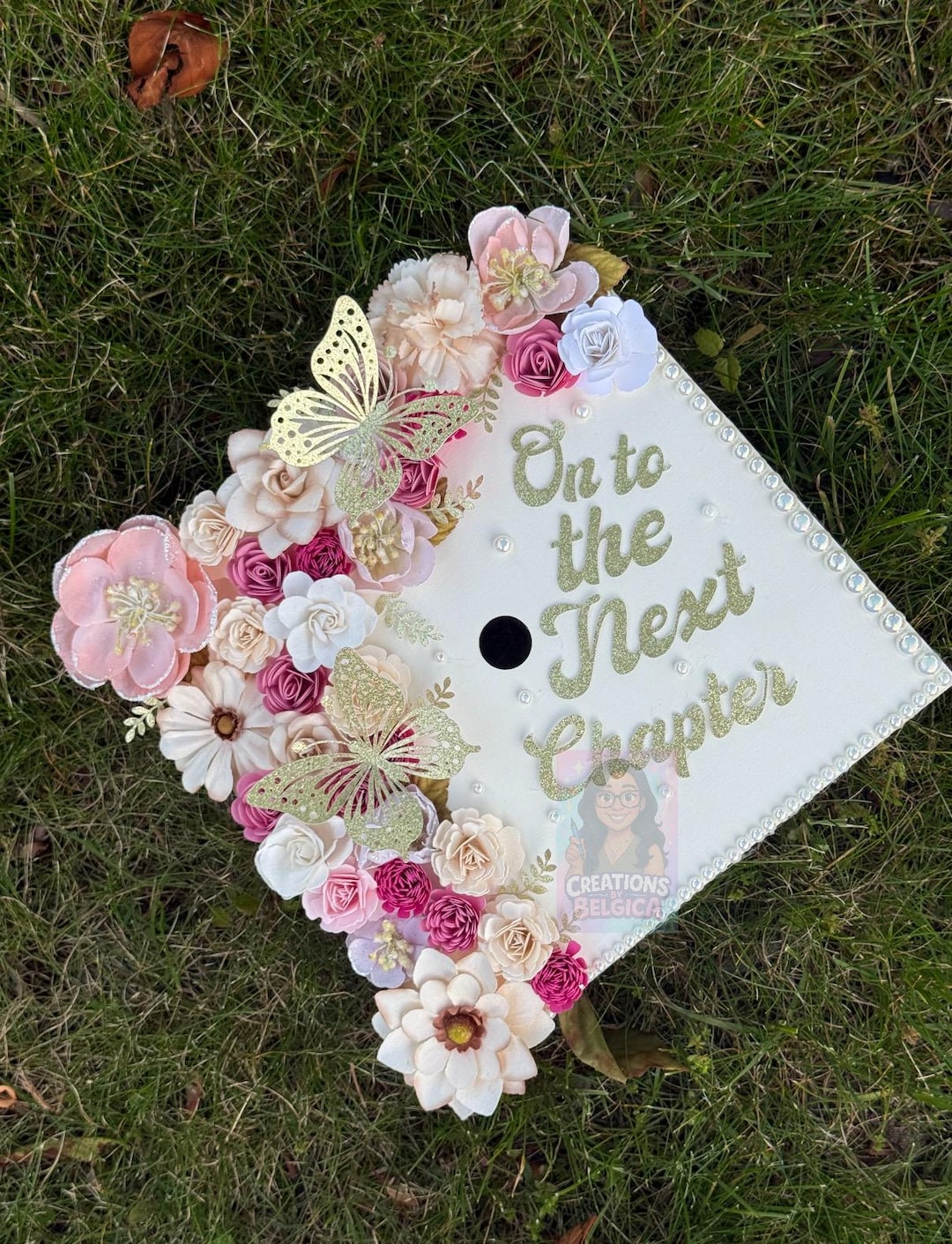 Floral Graduation Cap Topper: 3D Butterflies & Pearls - "on to the Next ...