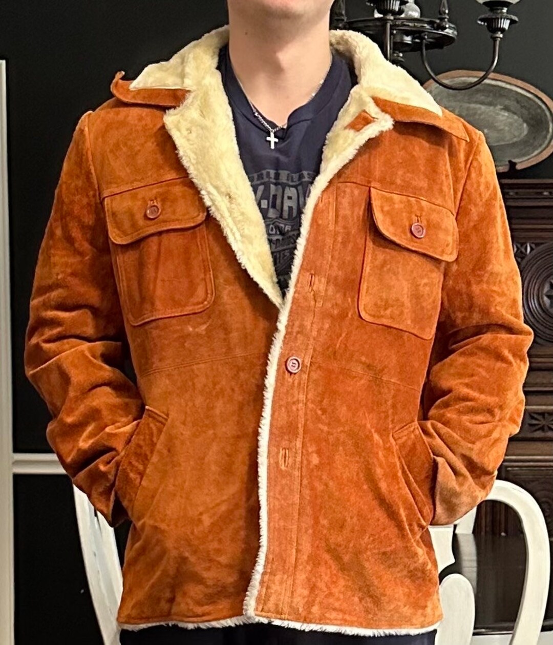 Vintage Rust Brown Suede Leather Buttoned Jacket Pile Lined Made in ...