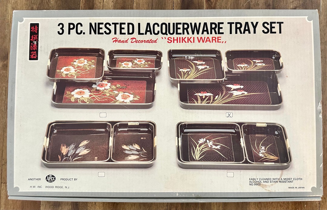 Vintage 3 Piece Nested Lacquerware Tray Set Hand Decorated SHIKKI WARE ...