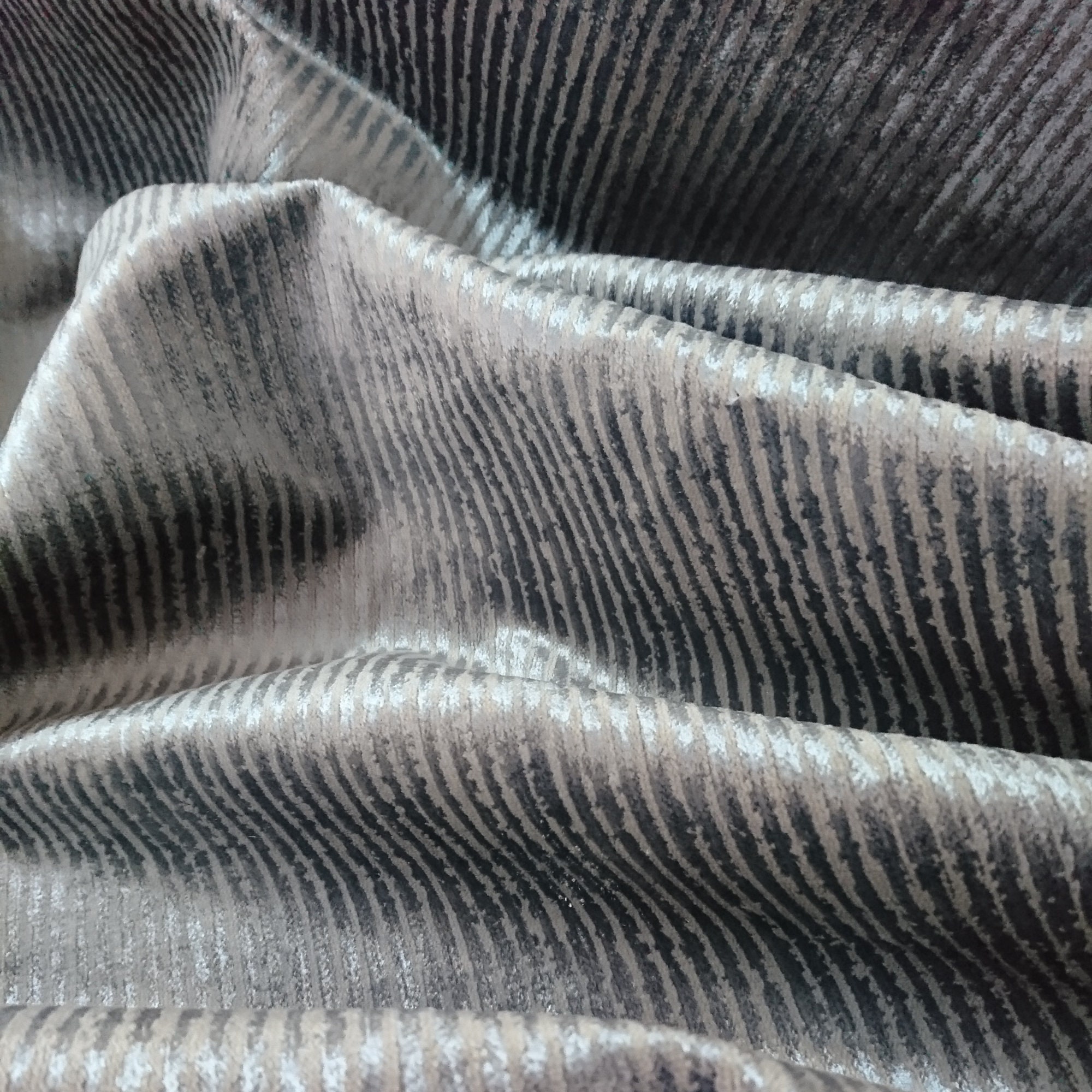 Bright Dark Gray Beige Stripe Velvet Upholstery Textile Fabric, Grey ...