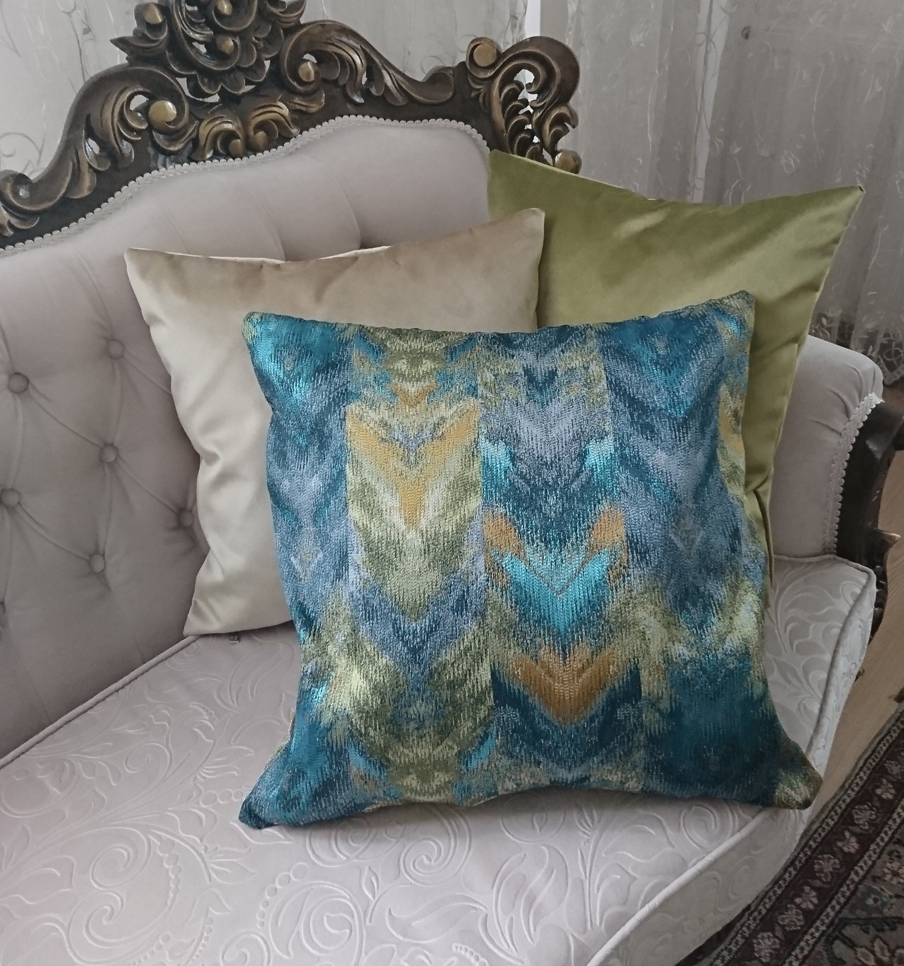 Patterned Mixed Color Satin Textile Fabric Cushion Cover Blue - Etsy