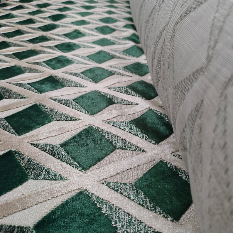 Geometric Green Beige Upholstery Velvet Fabric, Vanilla White Sofa ...
