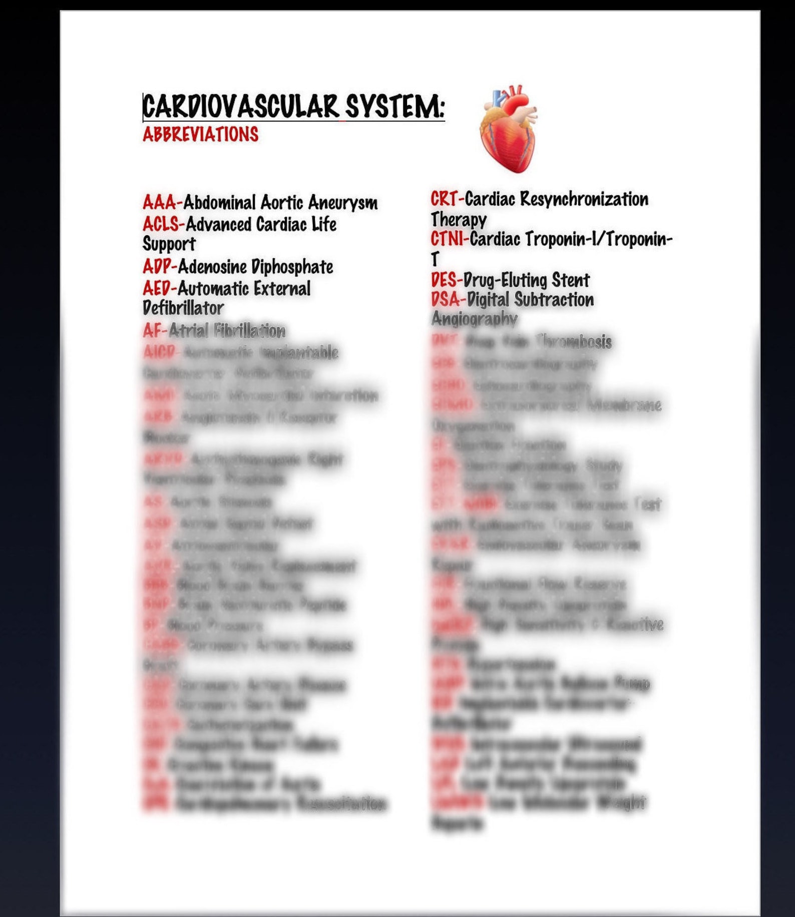 Cardiovascular System-Medical Terminology Abbreviations | Etsy