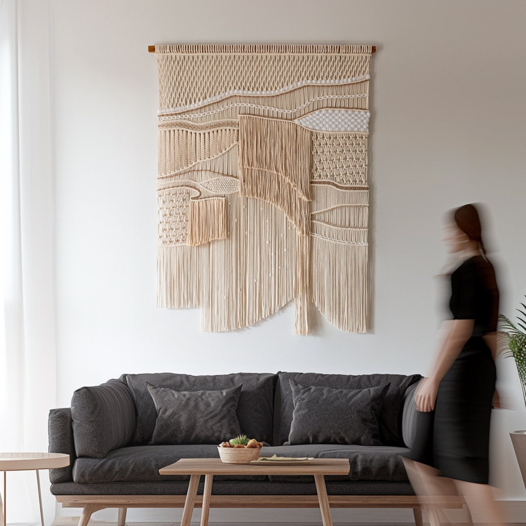 Midcentury Macrame Wall Hanging for Bedroom, Abstract Macrame Tapestry ...